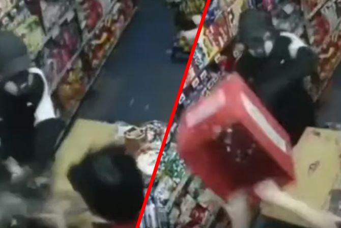 Watch cashier in a Kragujevac store chase robber out by beating him ...