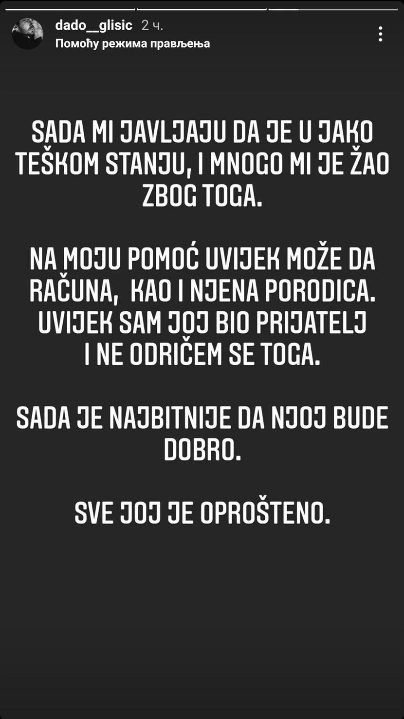 Zerina priključena na infuziju ne ustaje iz kreveta, oglasio se Dado: Može da računa na moju ...