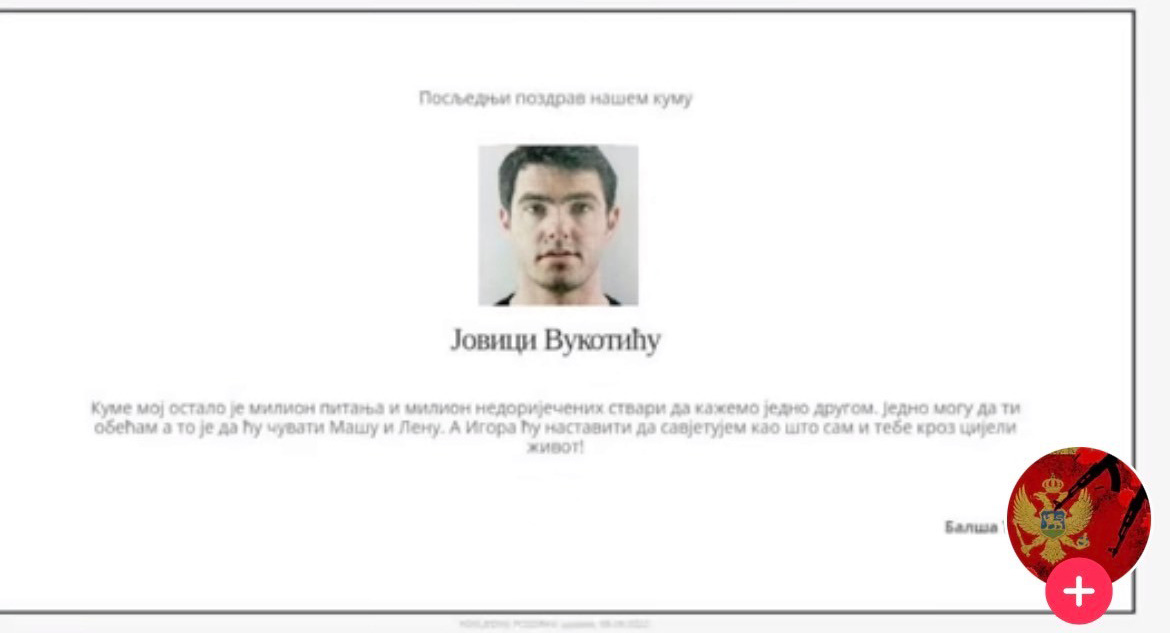 Kum ubijenog "škaljarca" Jovana Vukotića objavio čitulju: Uputio mu je ...