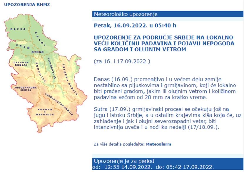 RHMZ izdao i upozorenje i najavu: U delovima Srbije pašće velika kiša ...
