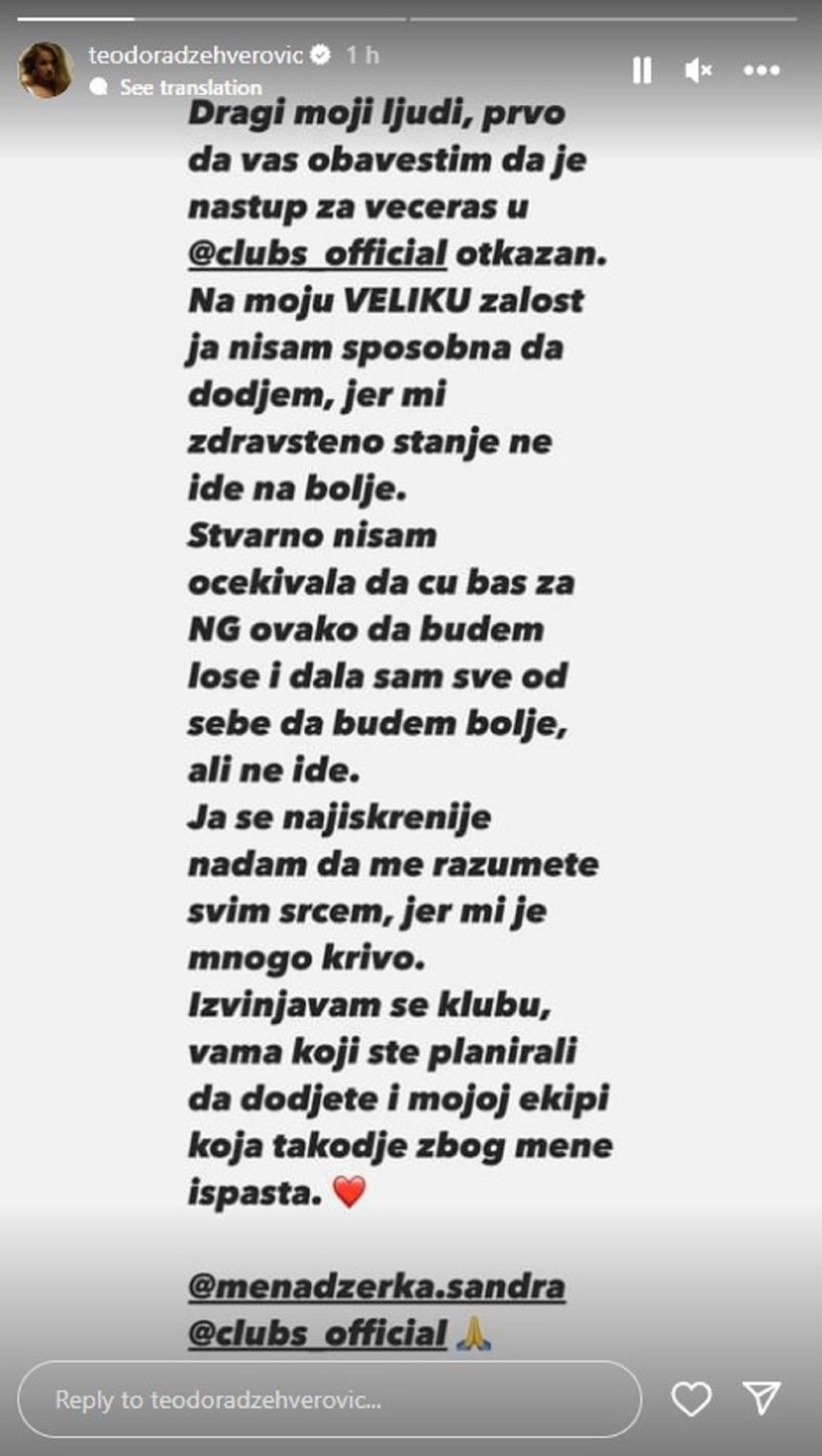 Teodora Džehverović prolazi kroz pravu dramu: Otkazala sve nastupe, pa se oglasila - Telegraf.rs