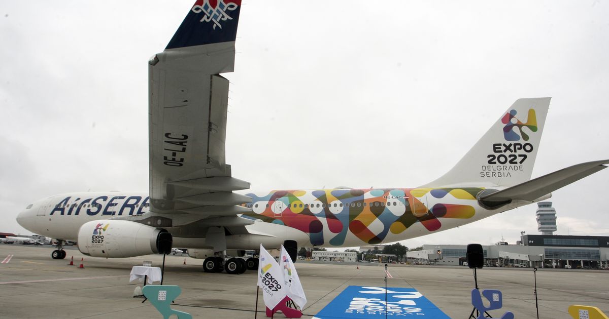 Predstavljen novi avion Er Srbije koji nosi boje i oznake EXPO 2027 kao ...