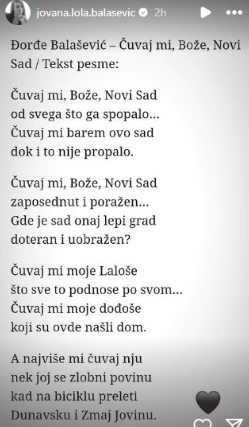 "Čuvaj mi, Bože, Novi Sad" Jovana Balašević podelila dirljivu poruku nakon tragedije na ...