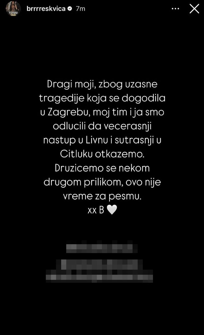 Neće da peva ni u drugoj državi: Breskvica zbog zločina u Zagrebu otkazala dva nastupa u Bosni i ...