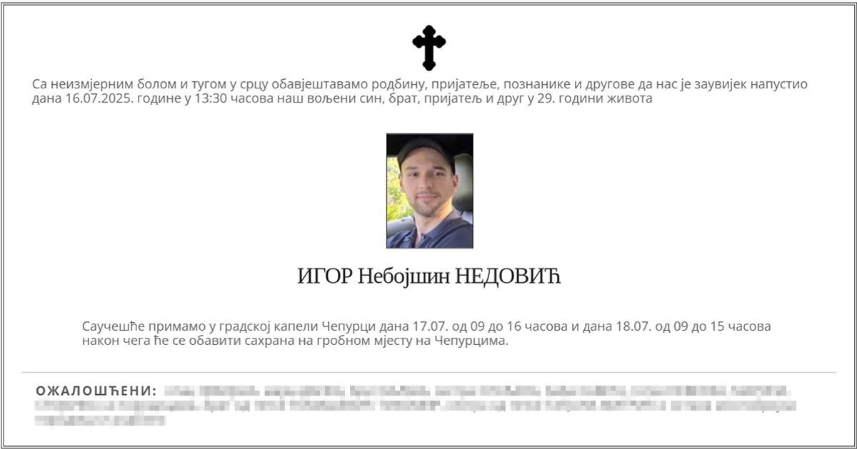 Porodica objavila čitulju ubijenog Igora Nedovića, oprostili se od ...